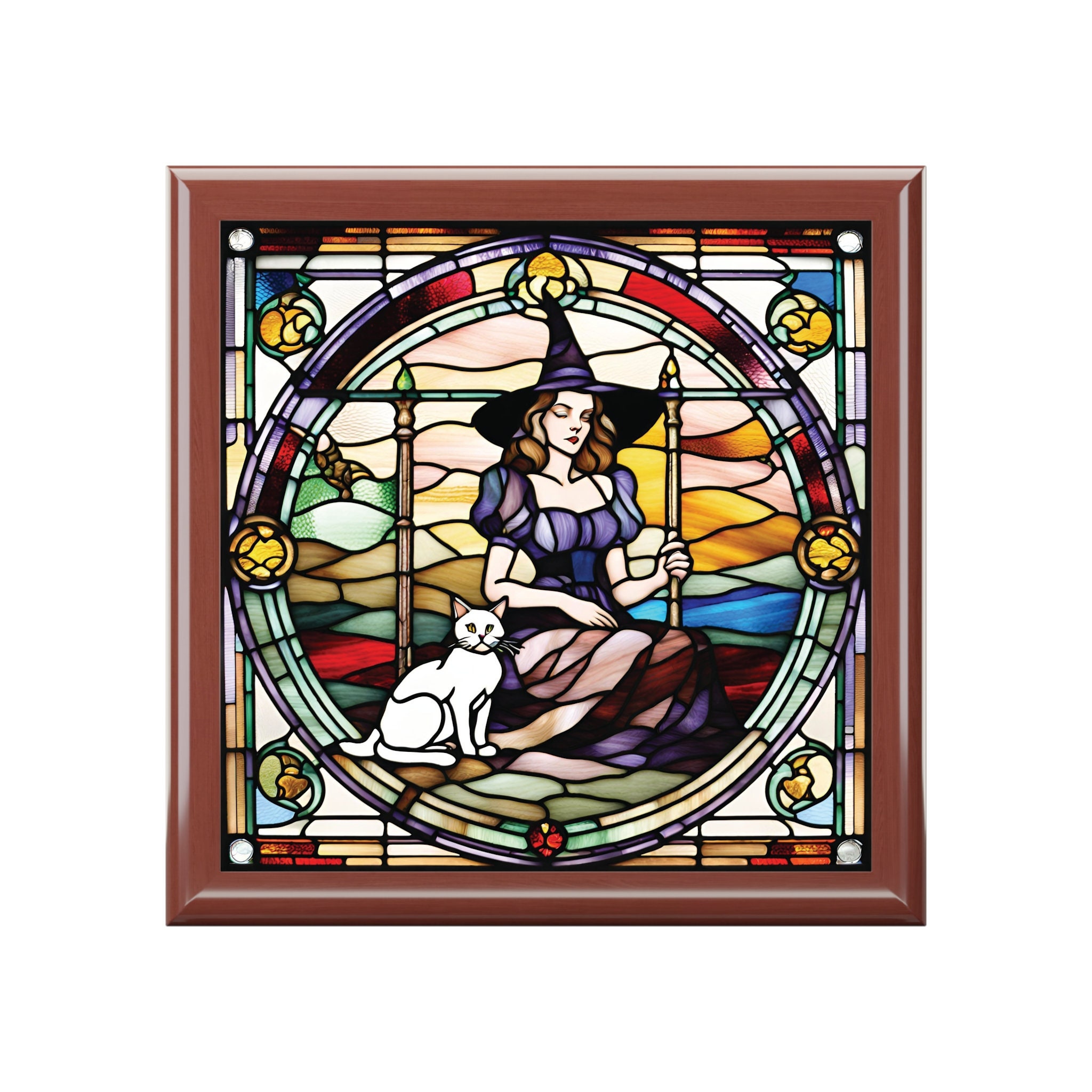 Stained Glass Witch Alter Box, Witch With Cat, Tarot Deck Box, Witchy ...