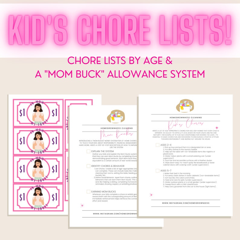 Kid's Cleaning Checklist by Age | Allowance System | Chore Reward ...