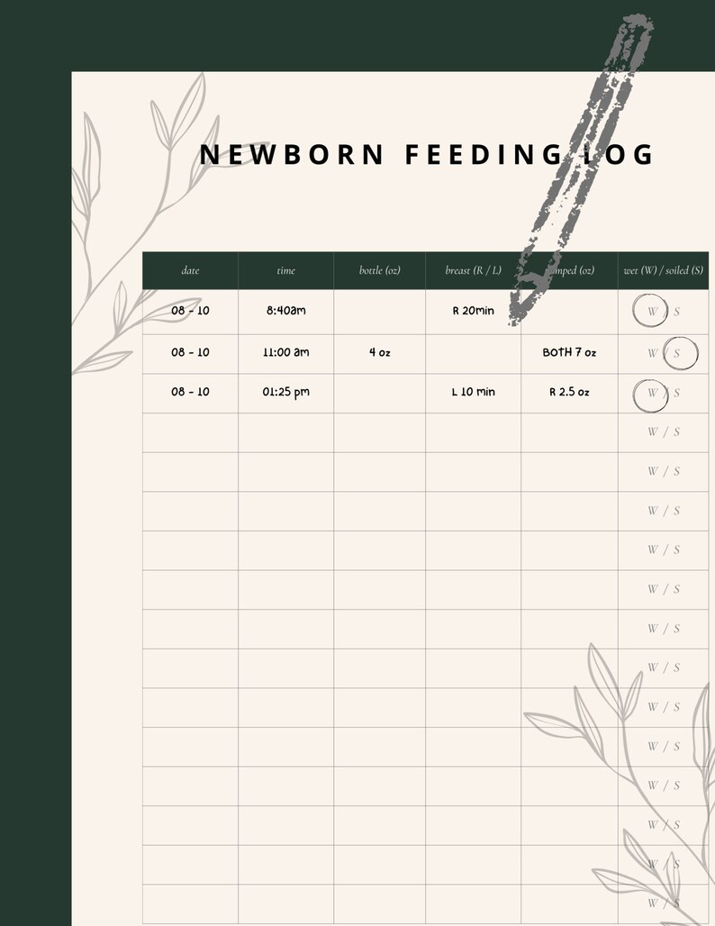Newborn Feeding and Diapering Log Digital Download, Printable, Letter ...