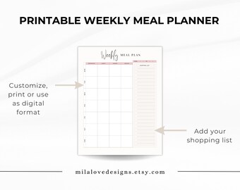 Weekly Meal Planner With Grocery List Printable Template, 7 Day Menu ...