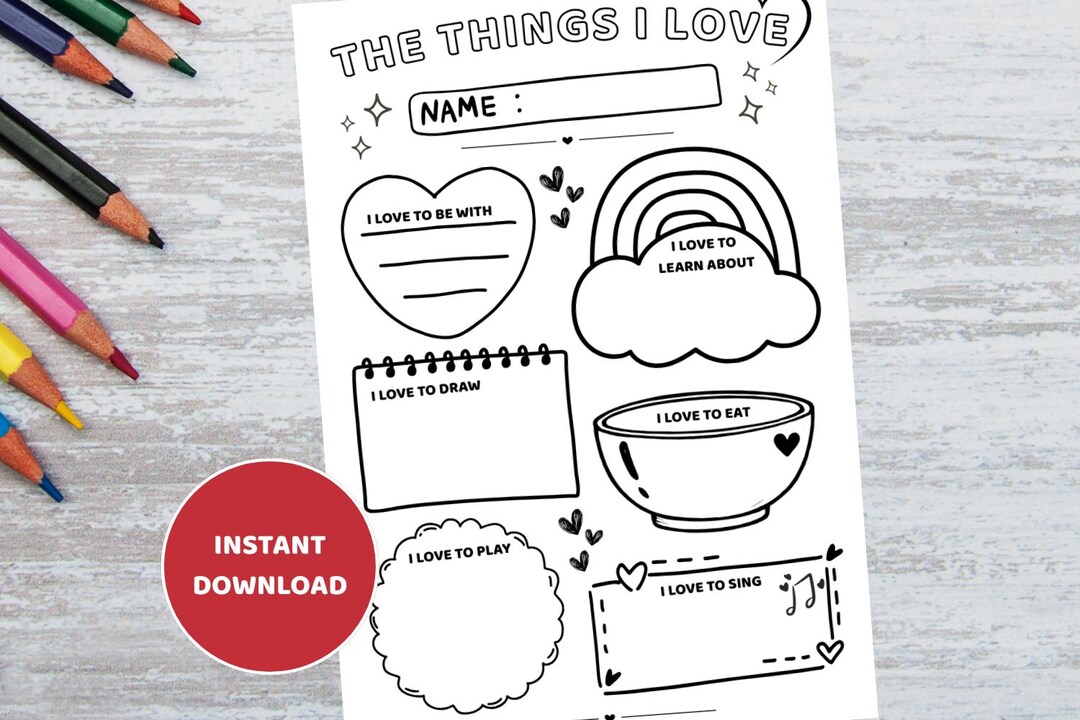 Things I Love Worksheet, Kids Valentine Activity Sheet, Homeschool ...