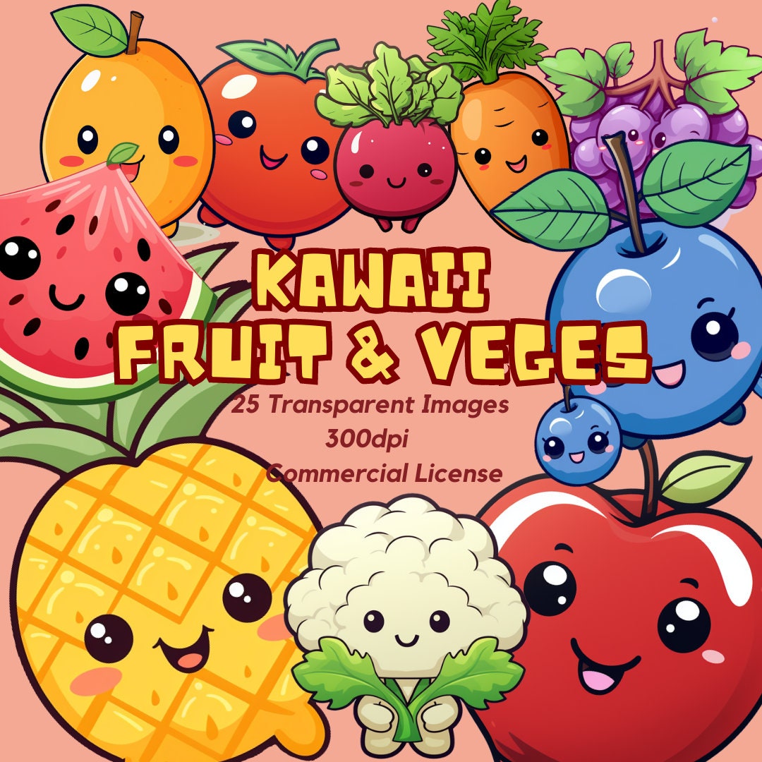 Kawaii Cute Fruit and Vege Clipart 25 Images of Cute Fruit and - Etsy
