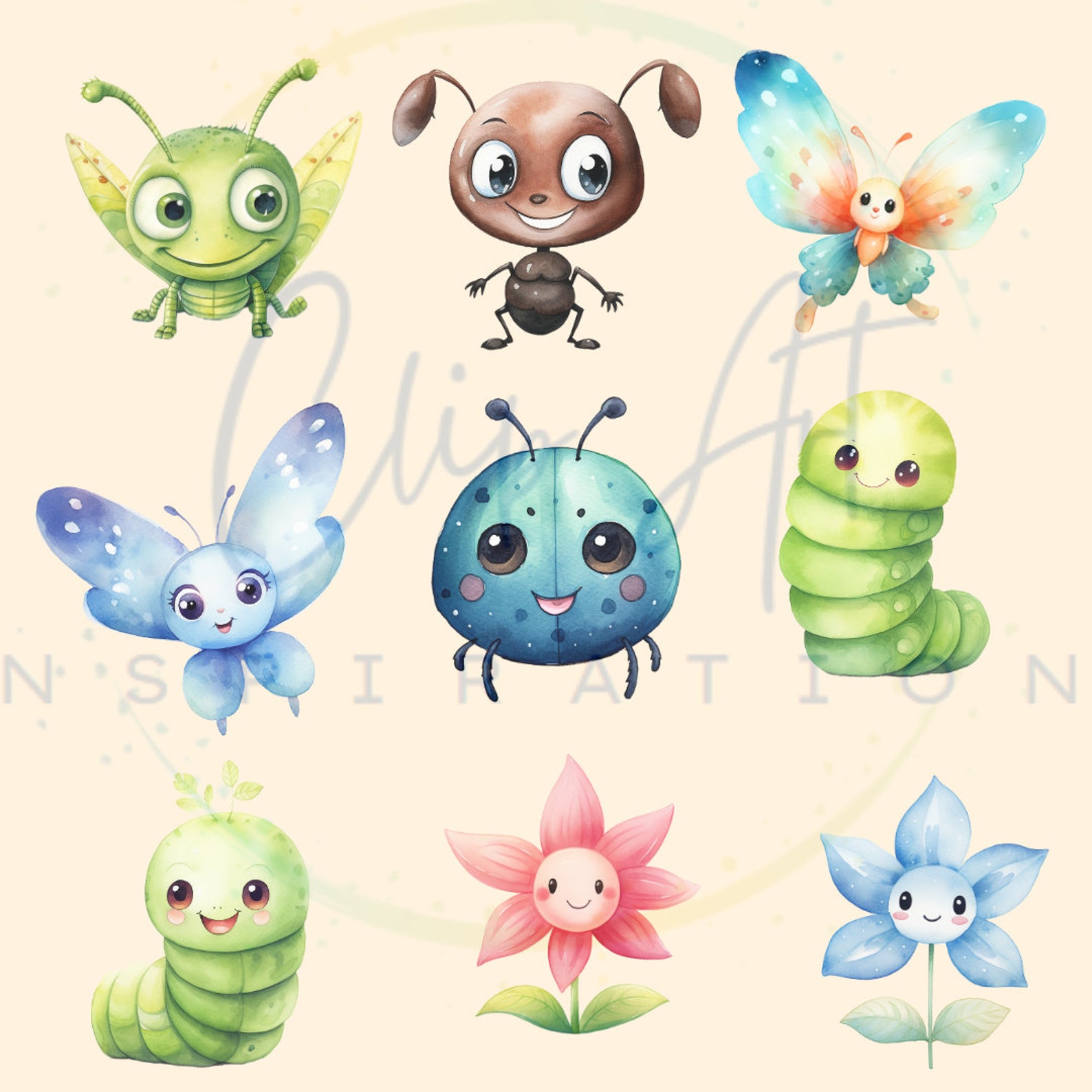 Watercolour Cute Bugs Nature Clipart Cute Bugs for Baby Shower Nursery ...
