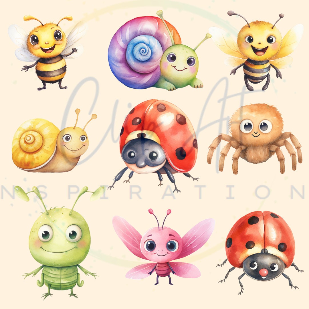 Watercolour Cute Bugs Nature Clipart Cute Bugs for Baby Shower Nursery ...