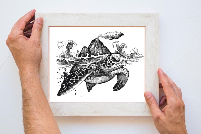 Turtle Island, Sea Turtle Print, Turtle Sketch, Aquatic Hybrid, Ocean ...