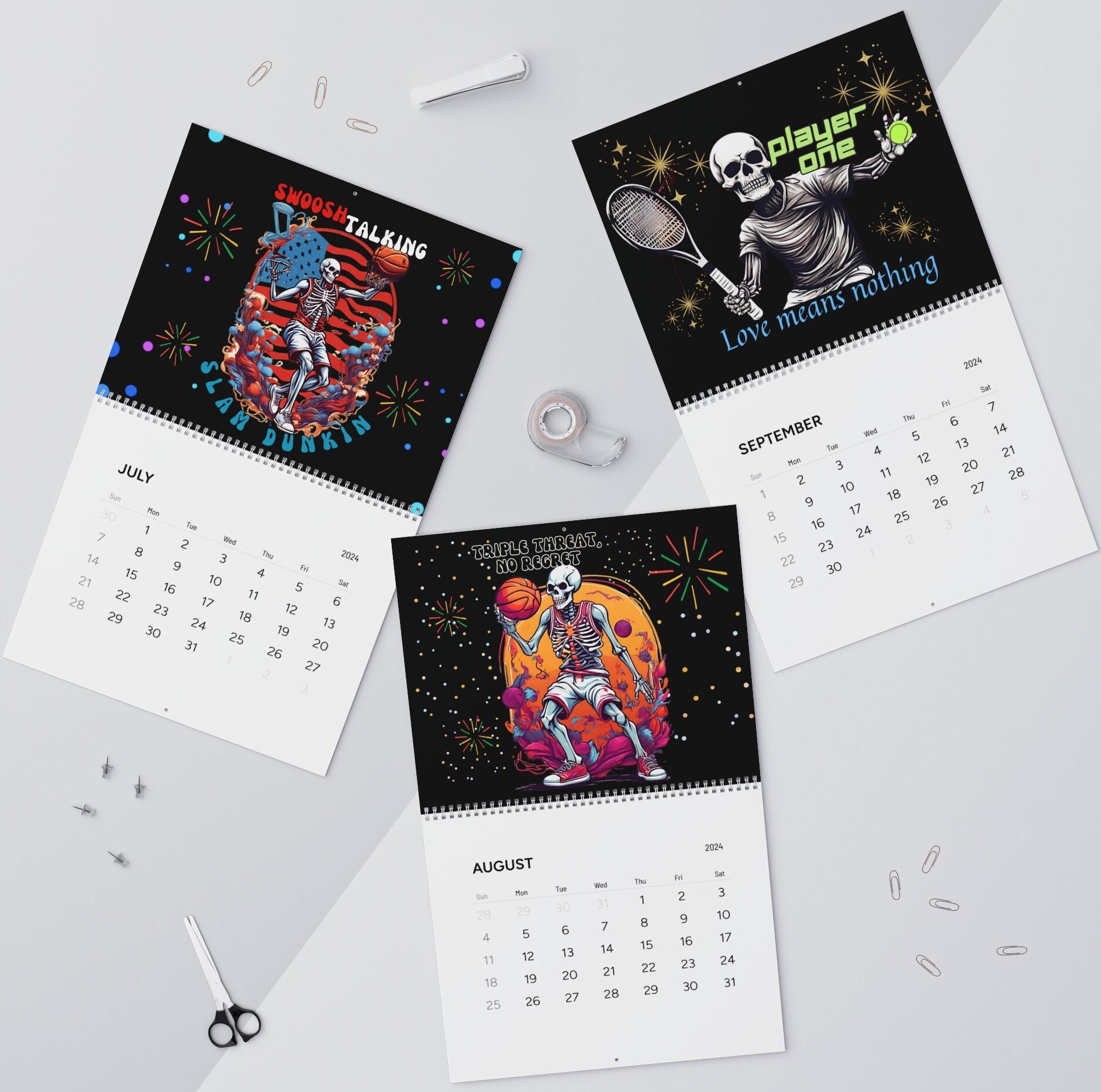 Sports Wall Calendars 2024 Skeleton Basketball Soccer Golf Tennis ...