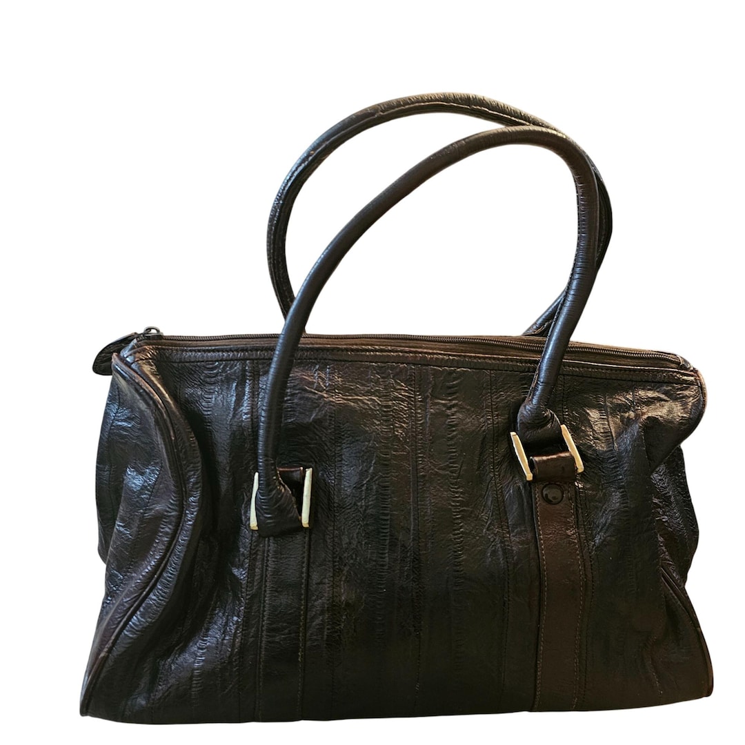 Vintage Eel Skin Genuine Leather Brown Handbag With Double Handles ...