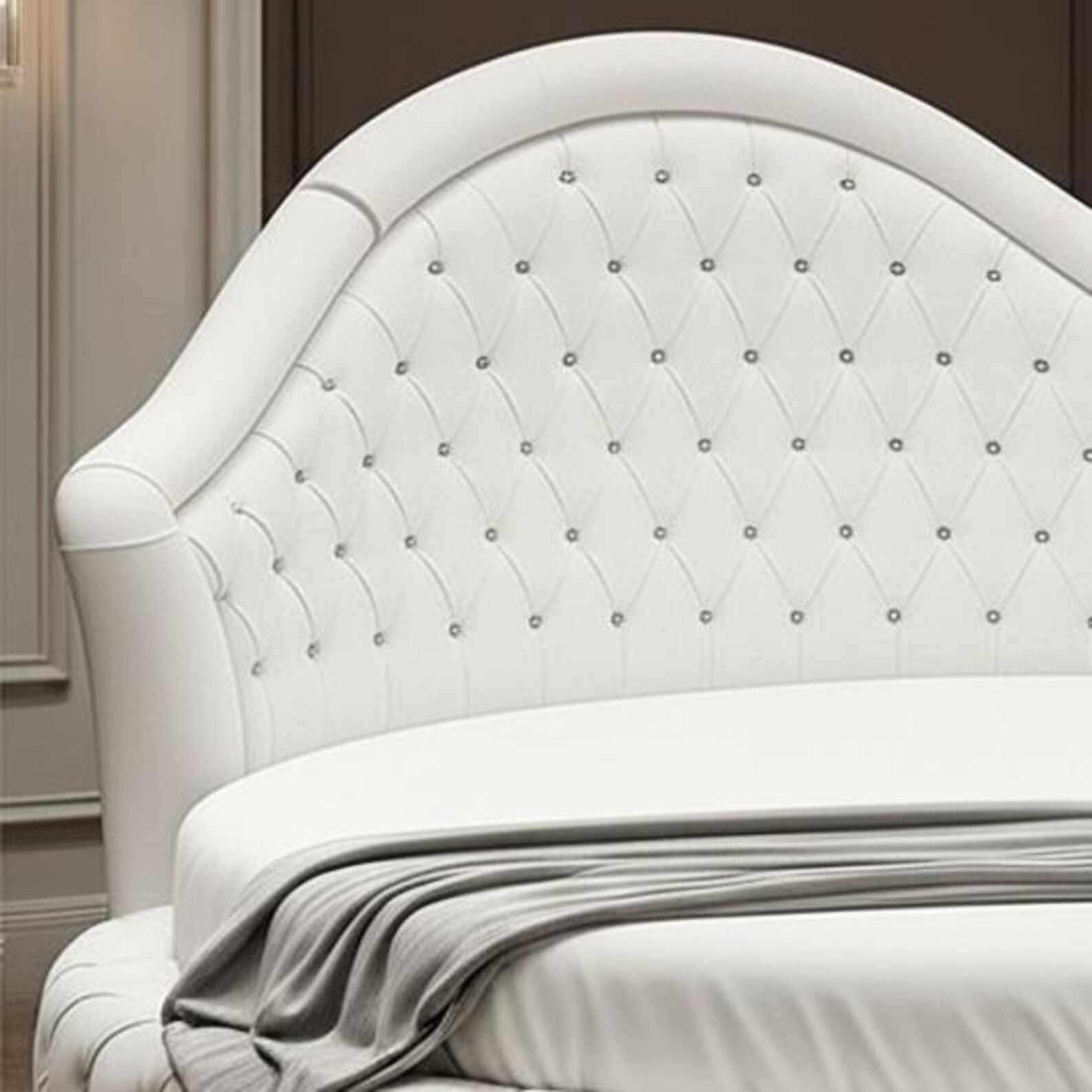 Round White Chesterfield Bed With Curved Tufted Headboard and Crystal ...