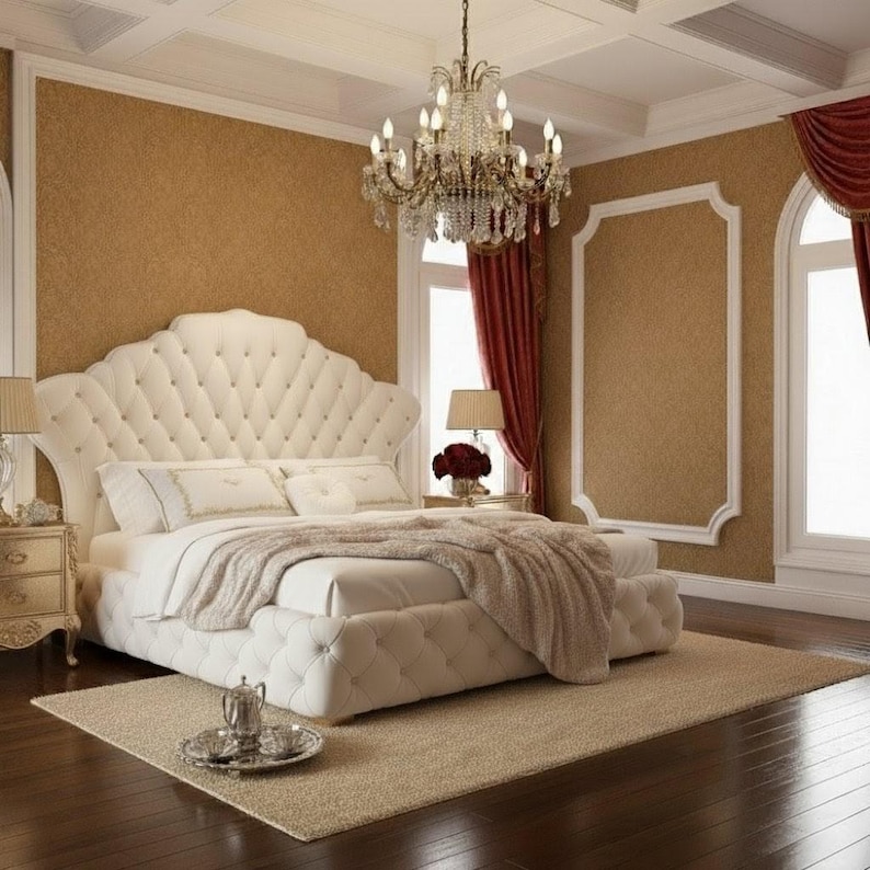 Victorian Style Luxury Tufted Bed – Handmade White Upholstered Bed High ...