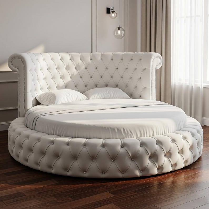 Luxury Round Bed With High Tufted Headboard | Custom Upholstered Bed | Designer Round Bed Frame ...