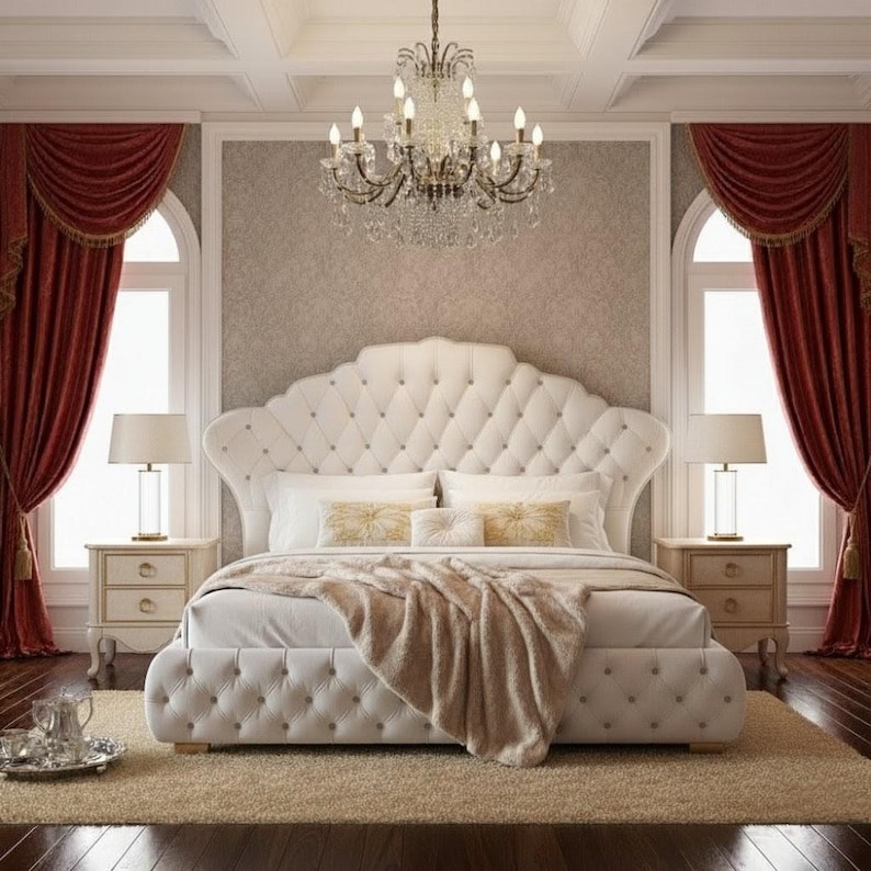 Victorian Style Luxury Tufted Bed – Handmade White Upholstered Bed High ...
