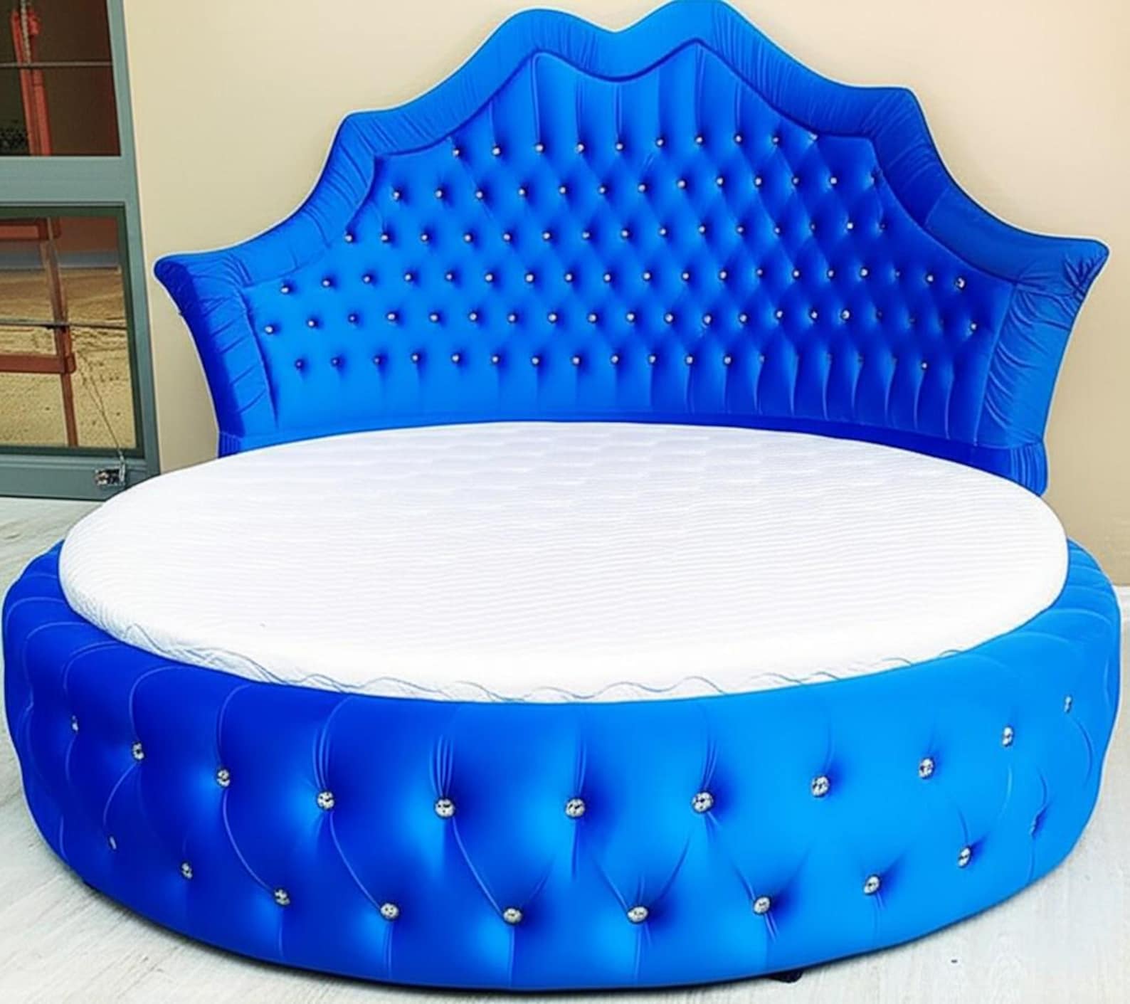 Chesterfield Round Velvet Bed –custom Blue Tufted Bed, Luxury ...