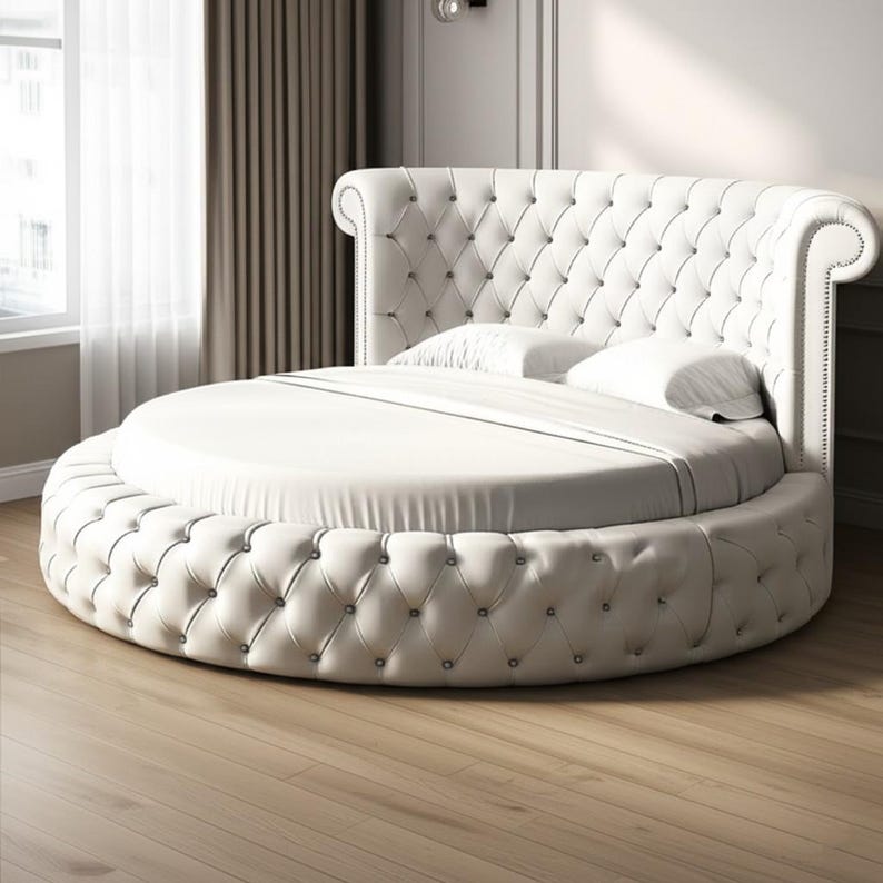 Luxury Round Bed With High Tufted Headboard | Custom Upholstered Bed ...