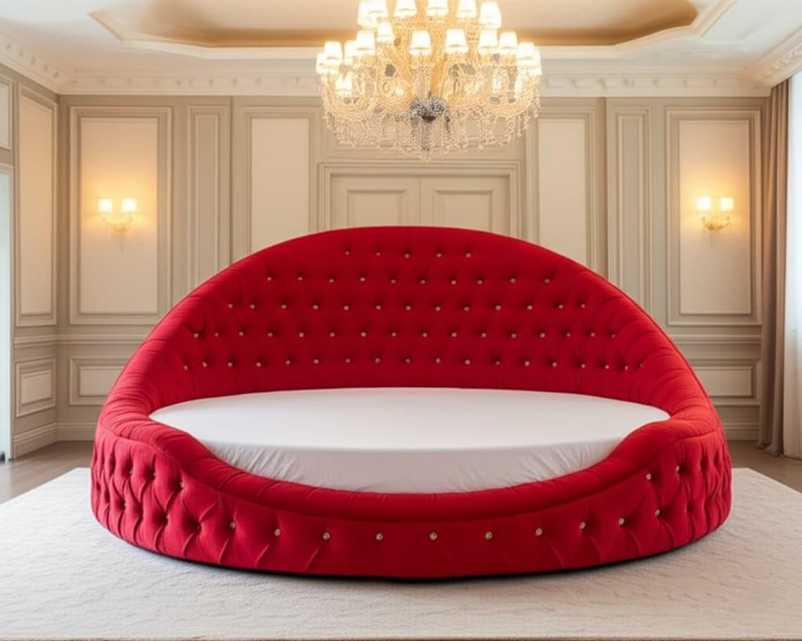 Luxury Round Chesterfield Bed | Red Velvet Upholstery | Custom Design ...