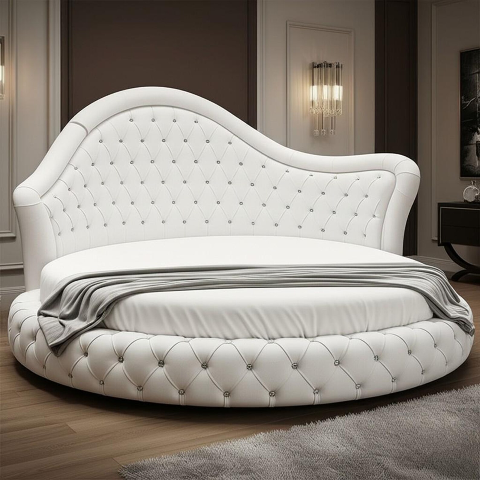 Round White Chesterfield Bed With Curved Tufted Headboard and Crystal ...