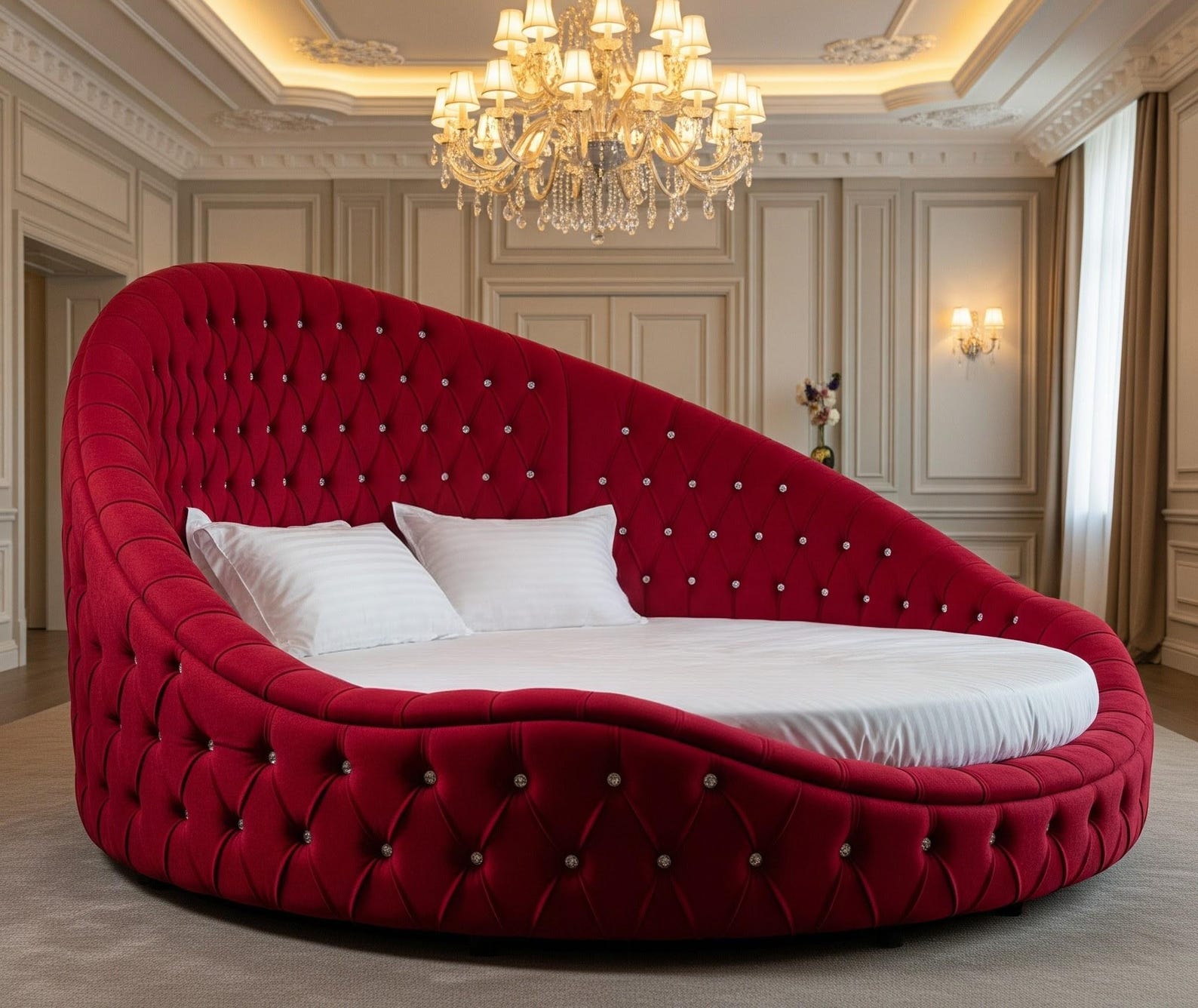 Luxury Round Chesterfield Bed | Red Velvet Upholstery | Custom Design ...