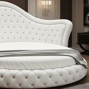 Round White Chesterfield Bed With Curved Tufted Headboard and Crystal ...