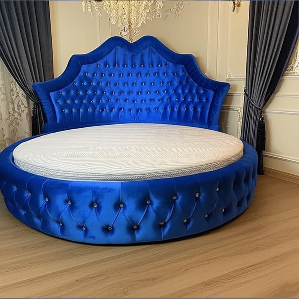 Chesterfield Round Velvet Bed –custom Blue Tufted Bed, Luxury ...