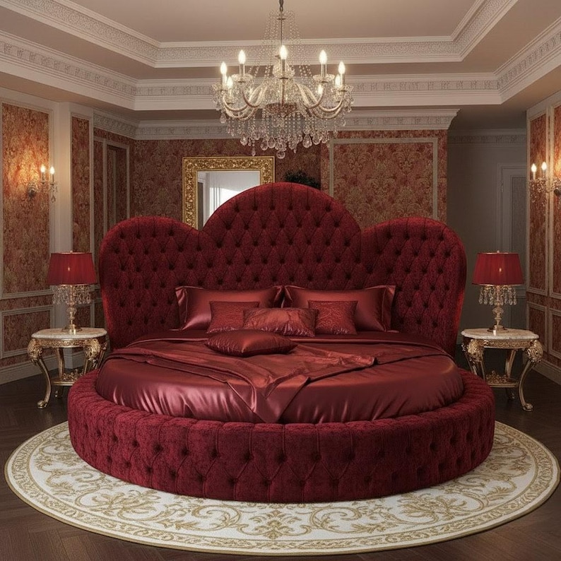 Luxury Round Velvet Bed, Custom Handmade Upholstered Bed With High ...