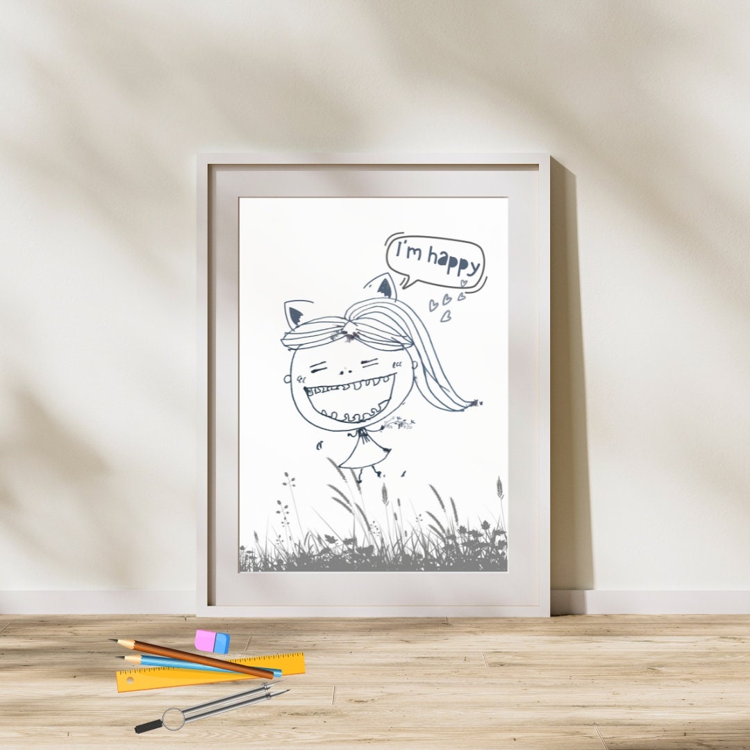 Drawing Wall Art, Happy Drawing, Kid, Funny Line Drawing, Digital ...