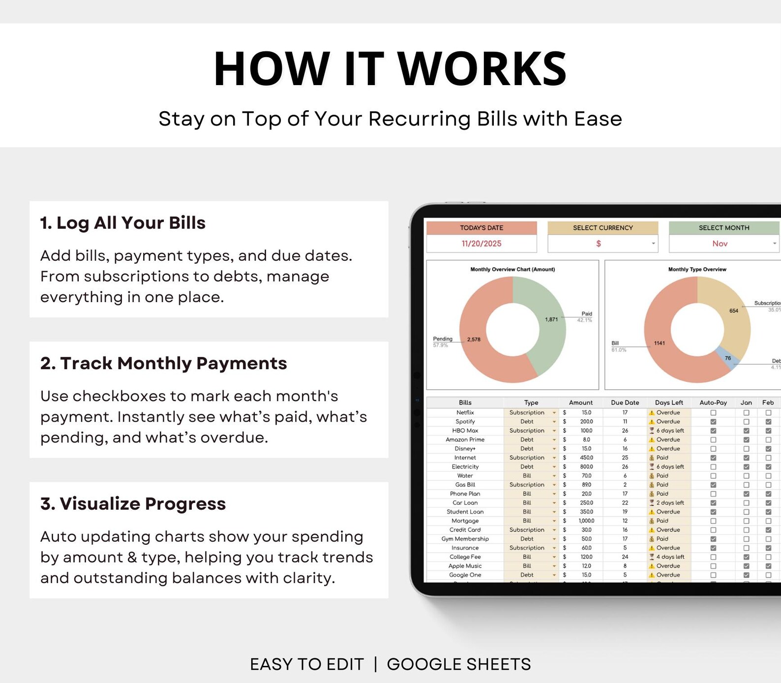 Simple Bill Tracker Spreadsheet, Monthly Recurring Bill Payment Tracker ...