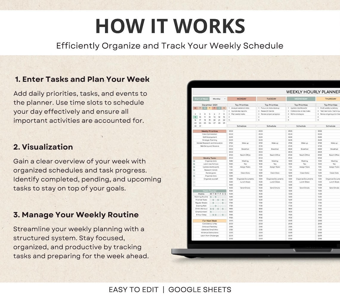 Weekly Hourly Planner Spreadsheet, Week at a Glance, Weekly Schedule ...
