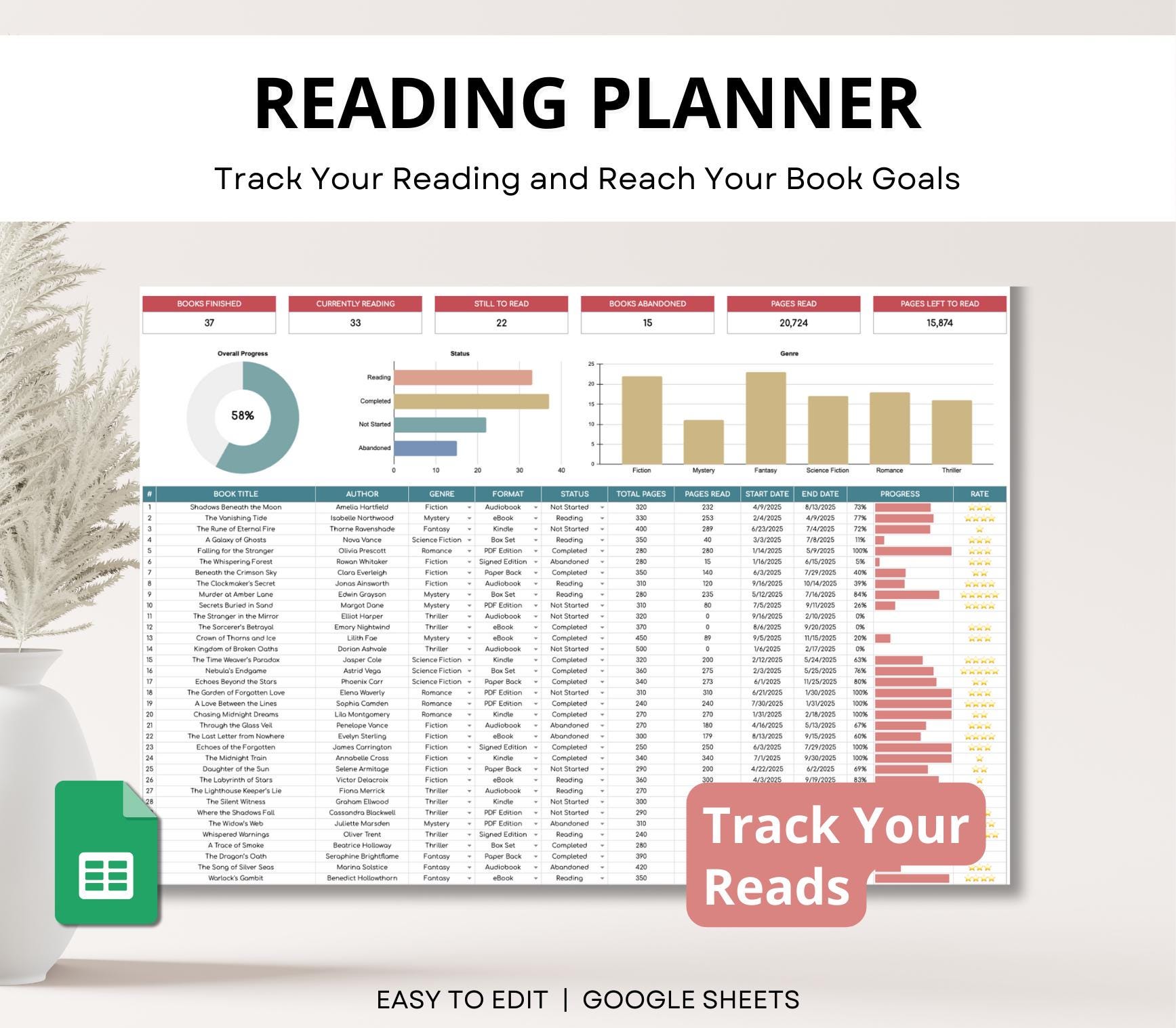 Simple Reading Tracker Spreadsheet, Reading Checklist, Book Journal ...