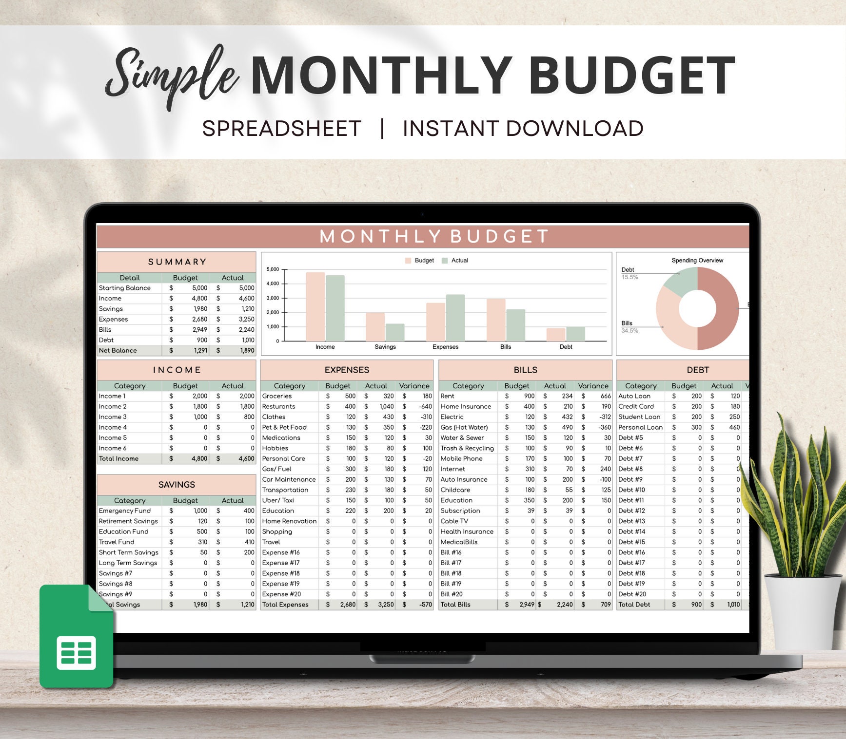 Monthly Budget Google Sheets, Budget Planner Template, Simple Paycheck ...
