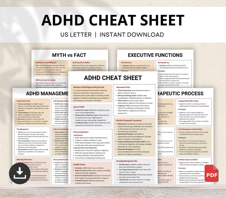 ADHD Cheat Sheet, Attention Deficit Hyperactivity Disorder Worksheets, ADHD Therapy Tool ...