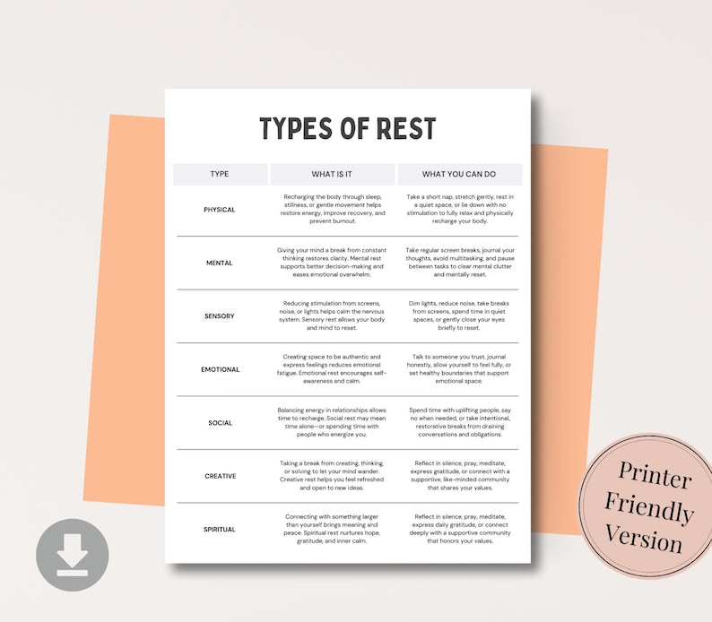 7 Types of Rest and Recharge Worksheets, Self Care Techniques for ...
