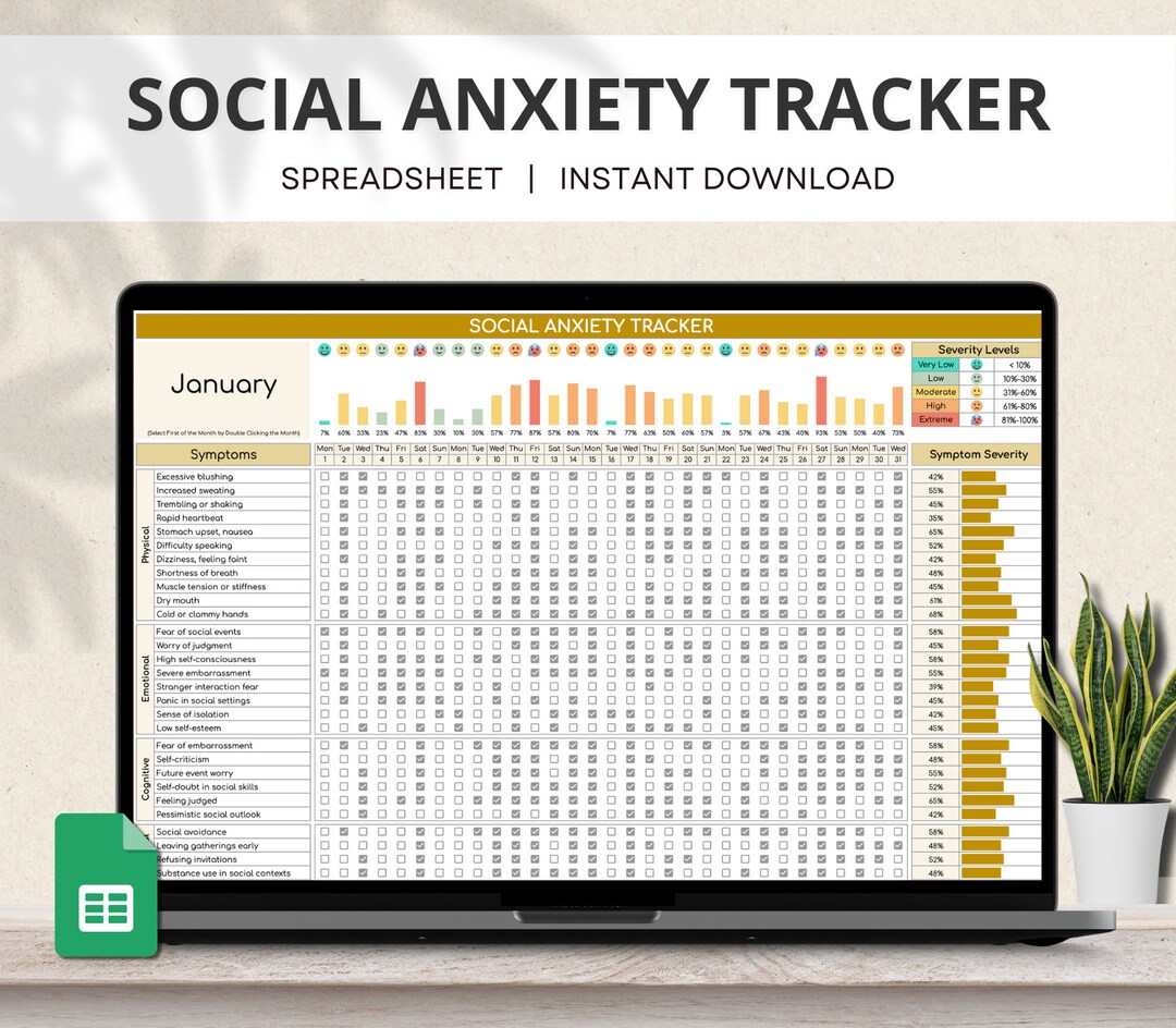 Social Anxiety Google Sheet, Anxiety Symptoms Tracker, Daily Social ...