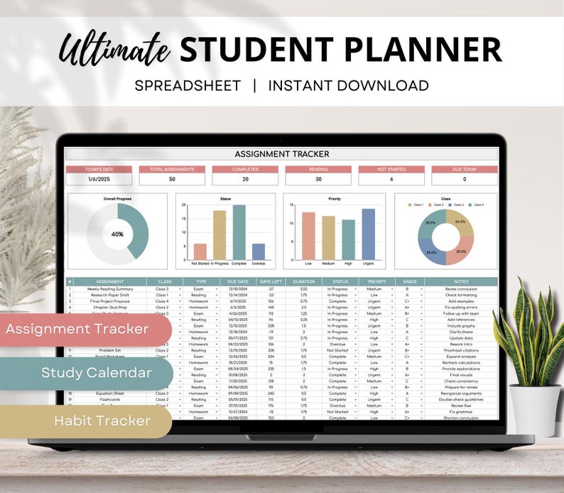 Student Planner Spreadsheet, Assignment Tracker, Homework Tracker ...