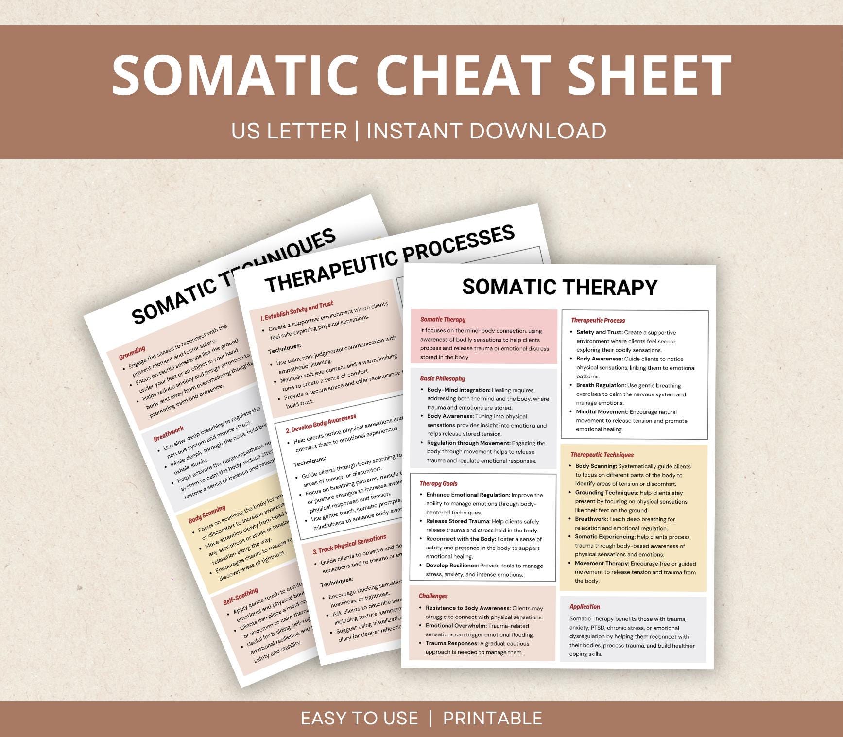 Somatic Therapy Cheat Sheets, Somatic Awareness & Experience, Emotional ...