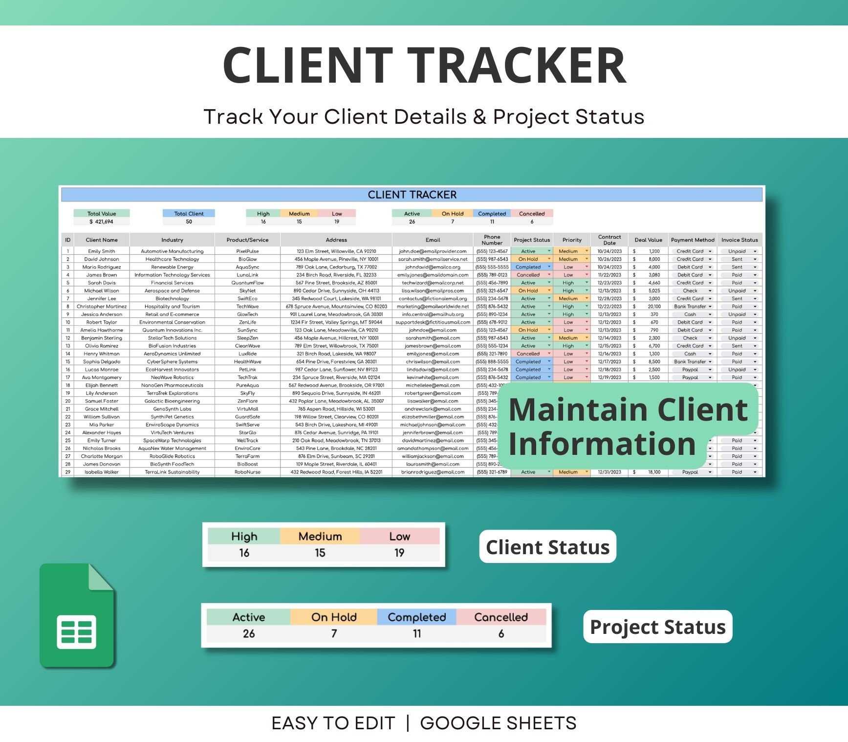 Client Tracker Google Sheets, Client Management Template, CRM Dashboard ...