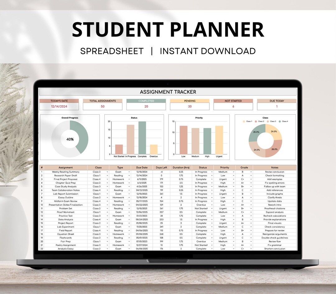 Student Planner Spreadsheet, School Assignment Tracker, Homework ...