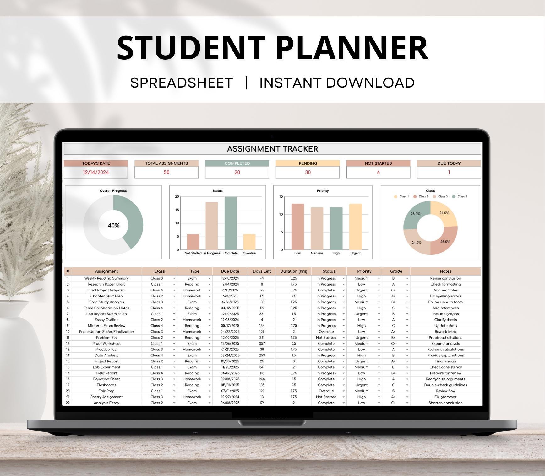 Student Planner Spreadsheet, School Assignment Tracker, Homework ...