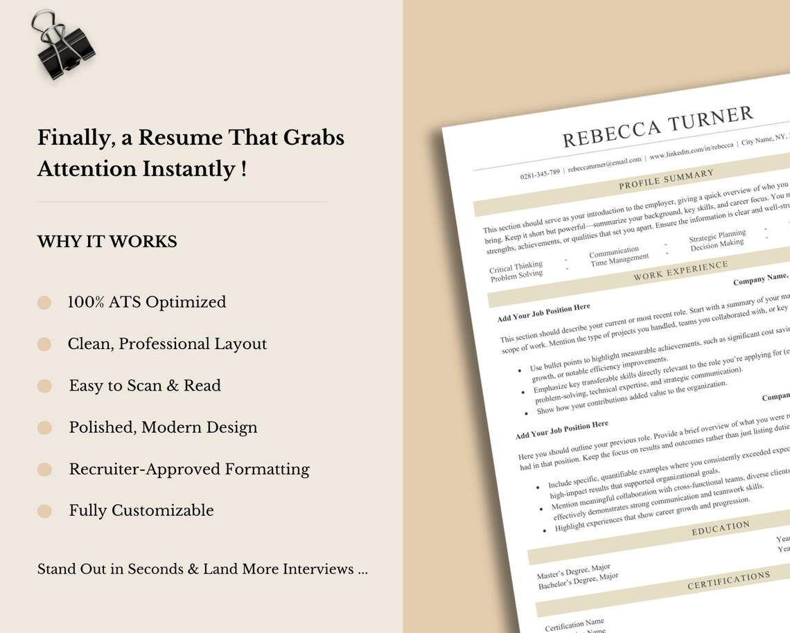 ATS Friendly Resume Template Word, Mac Pages, Google Docs, ATS Resume ...