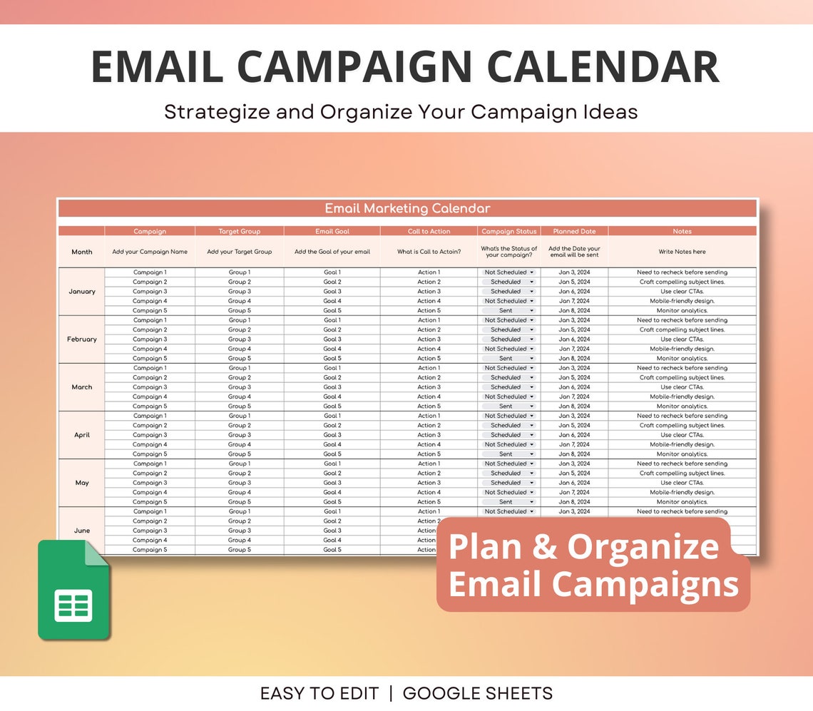 Email Marketing Google Sheets, Email Marketing Planner, Email Calendar ...