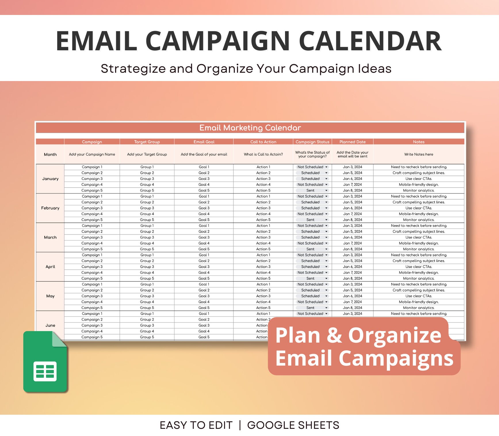 Email Marketing Google Sheets, Email Marketing Planner, Email Calendar ...