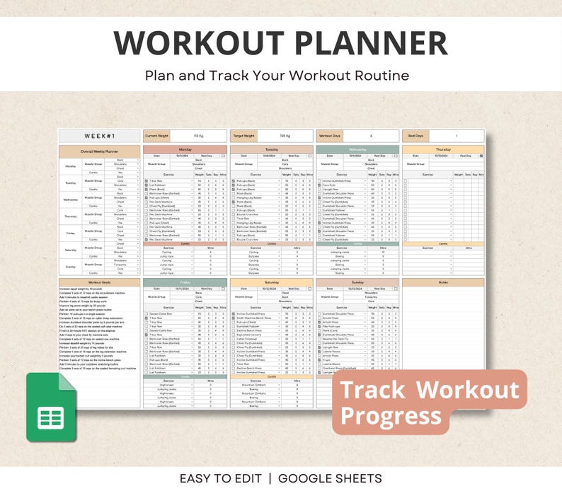 Workout Planner Google Sheets, Exercise Tracker, Weight Loss Tracker ...