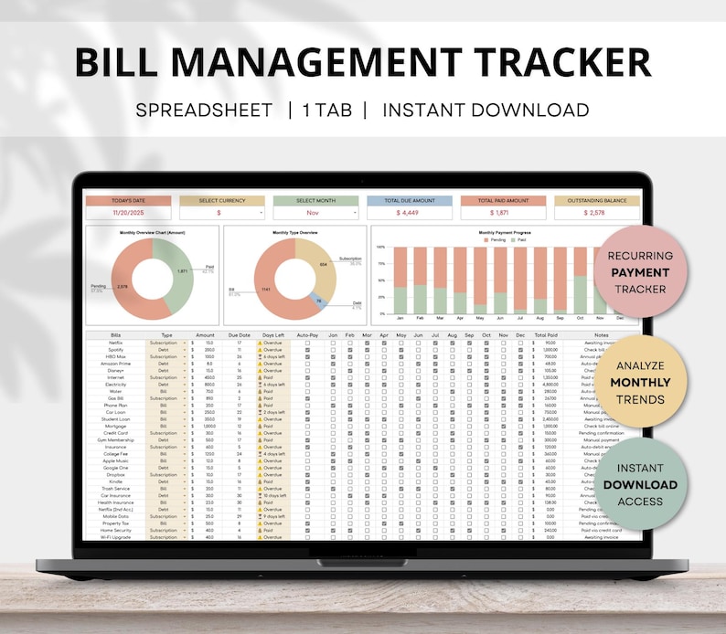 Simple Bill Tracker Spreadsheet, Monthly Recurring Bill Payment Tracker ...