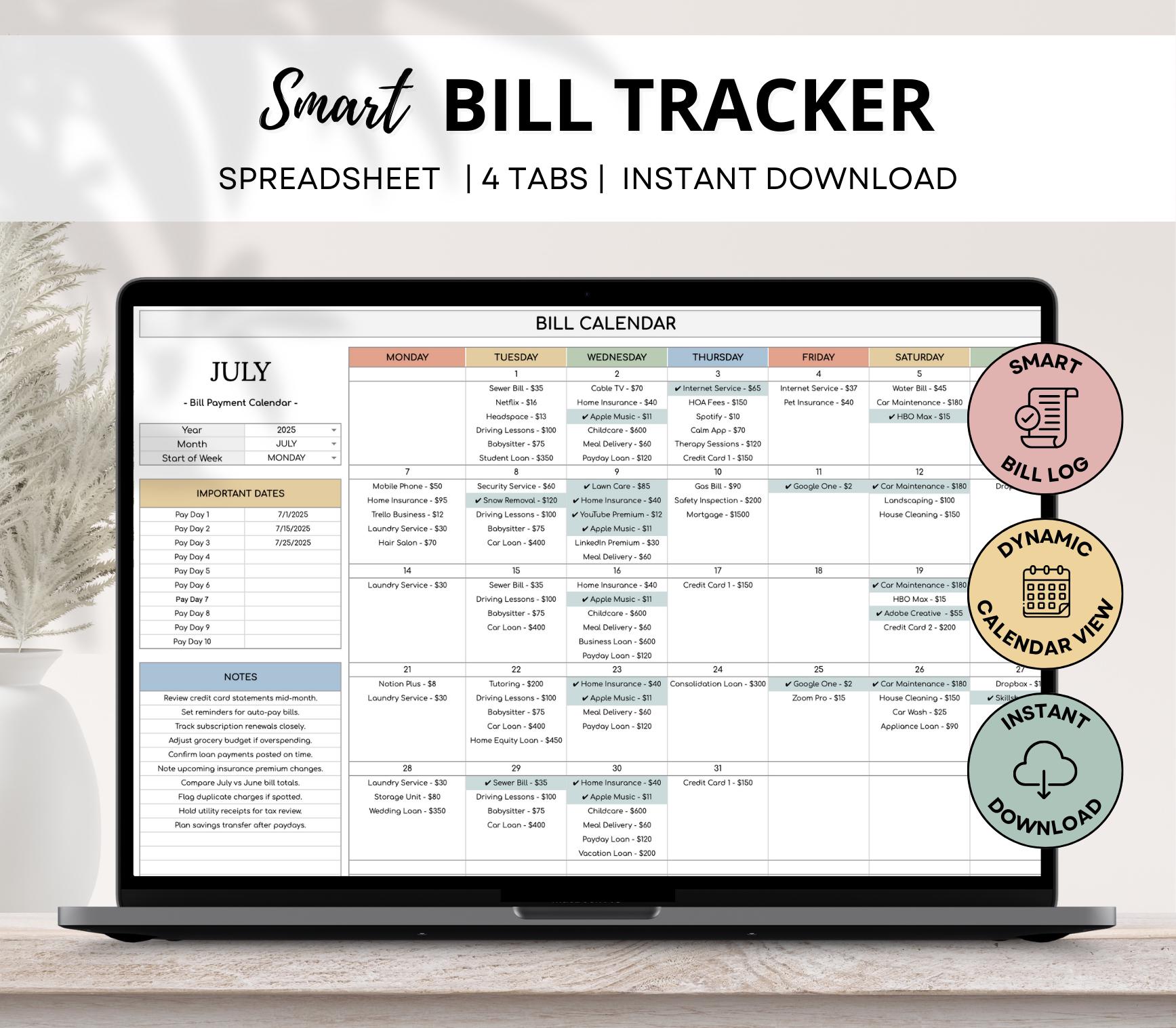 Smart Bill Tracker Spreadsheet, Monthly Bill Payment Planner, Bill ...