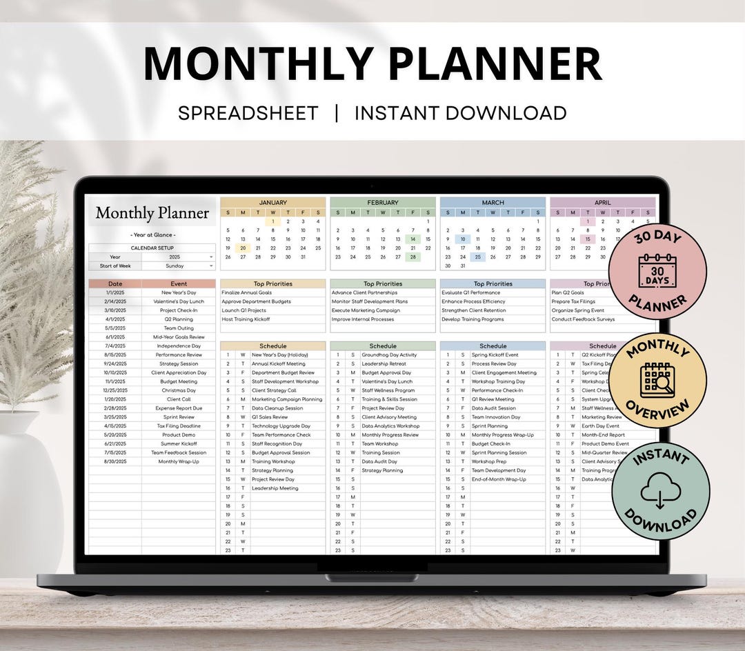 One-page Monthly Planner Spreadsheet, 12 Months Yearly Overview ...