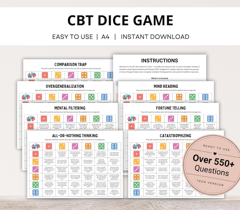 CBT School Counseling Dice Game for Teens, CBT Group Therapy Game ...