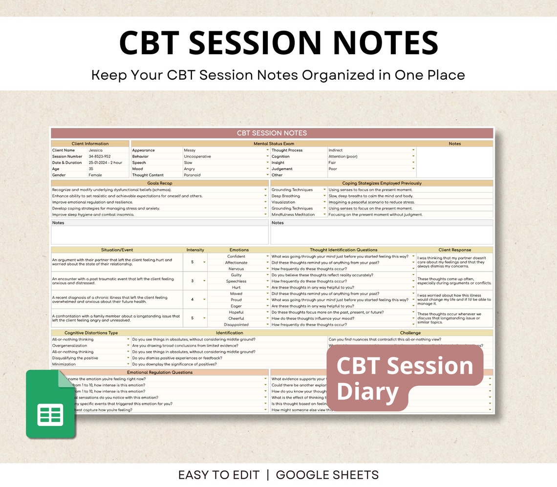 CBT Therapy Session Notes Template, Cognitive Behavioral Session ...