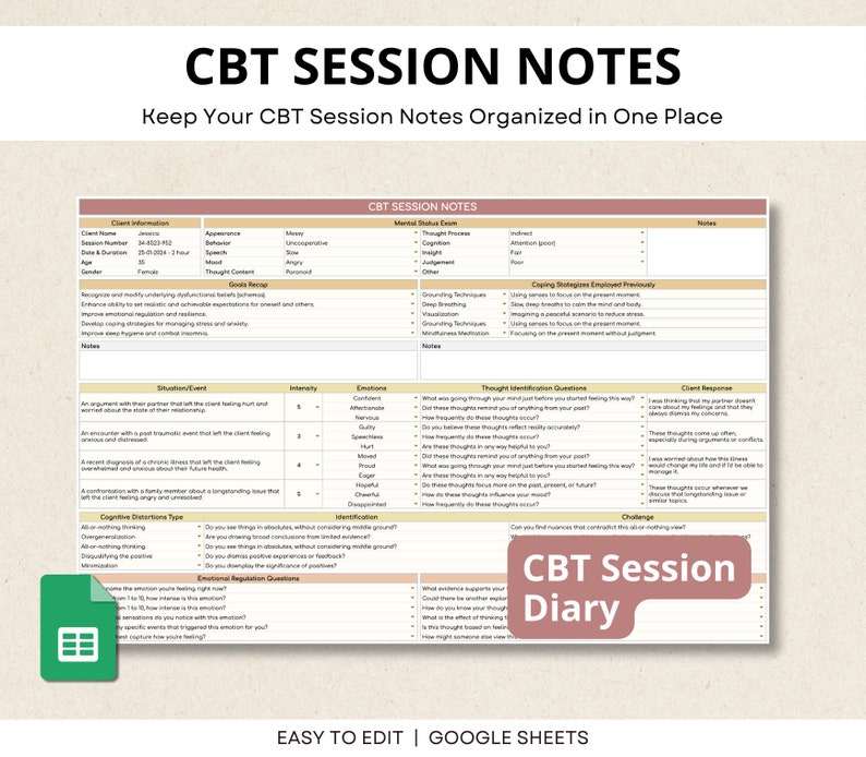 CBT Therapy Session Notes Template, Cognitive Behavioral Session ...