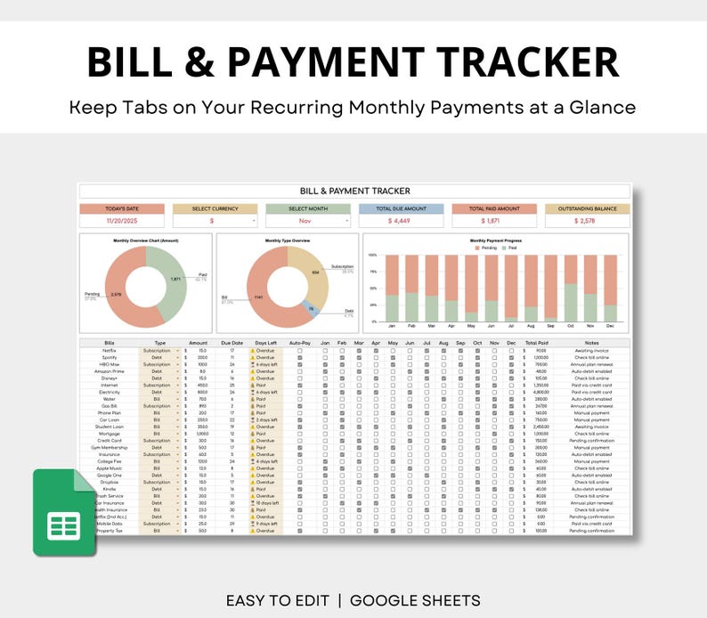 Simple Bill Tracker Spreadsheet, Monthly Recurring Bill Payment Tracker ...