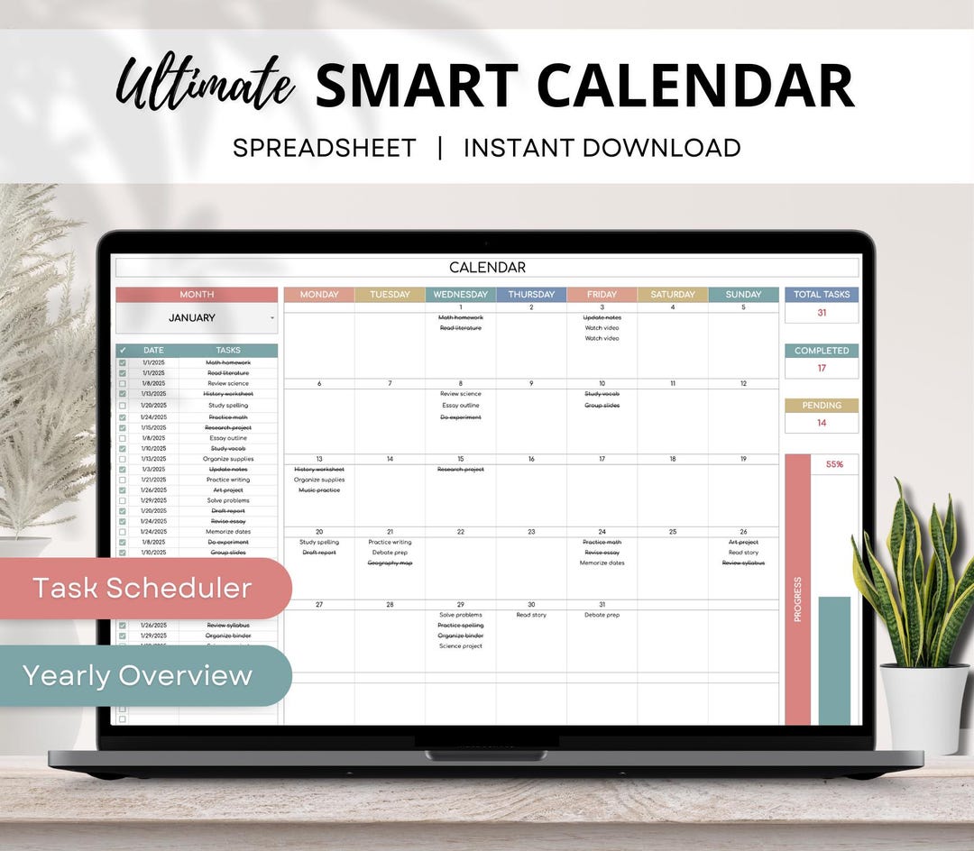 Smart Calendar Spreadsheet, Annual Calendar, Daily Schedule, Weekly ...