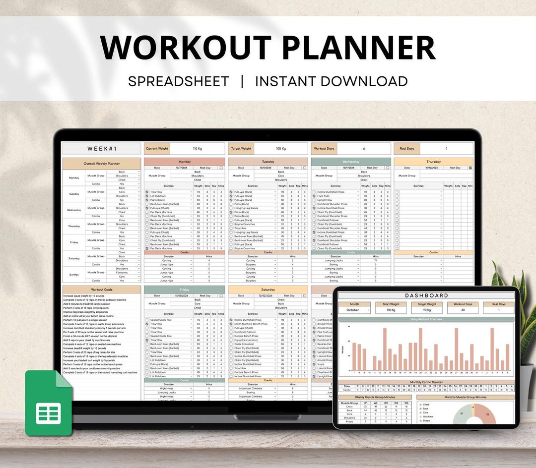 Workout Planner Google Sheets, Exercise Tracker, Weight Loss Tracker ...