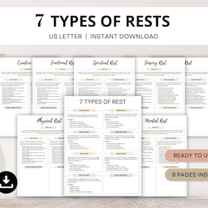 7 Types of Rest Self Care Worksheets, Mental Health Tool for Burnout ...